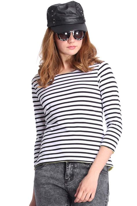 Striped Asymmetric Hem Black T Shirt