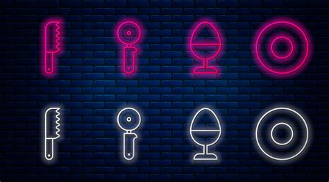 세트 라인 피자 나이프 스탠드에 치킨 계란 빵 칼과 접시 벽돌 벽에 빛나는 네온 아이콘입니다 벡터 금속에 대한 스톡 벡터 아트 및 기타 이미지 Istock