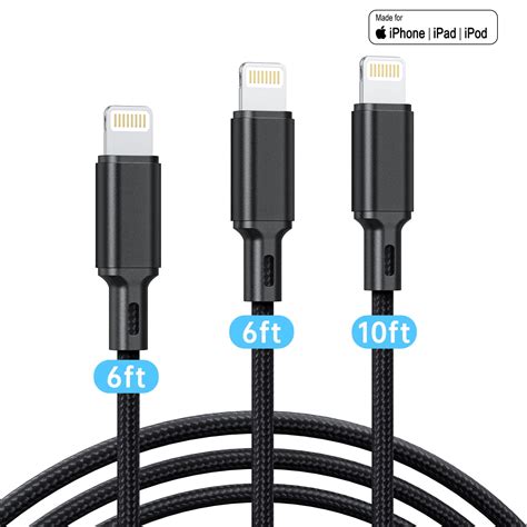 lightning charger cable 3 pack 6 6 10ft apple mfi certified usb lightning cable nylon braided