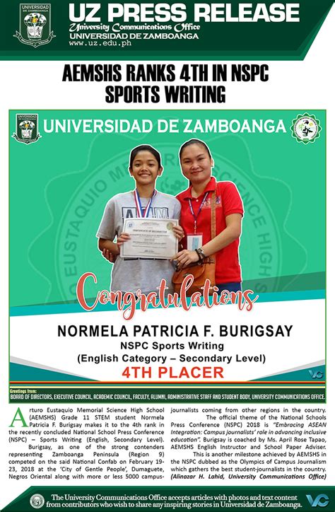 Aemshs Ranks 4th In Nspc Sports Writing Universidad De Zamboanga