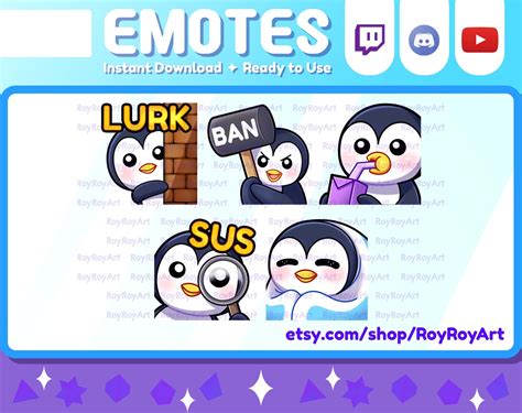 Twitch Emotes Cute Penguin Emotes Pack Lurk Ban Hammer Etsy