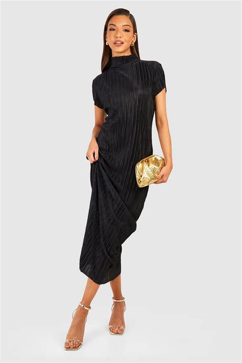 Plisse High Neck Puff Sleeve Midi Dress Boohoo