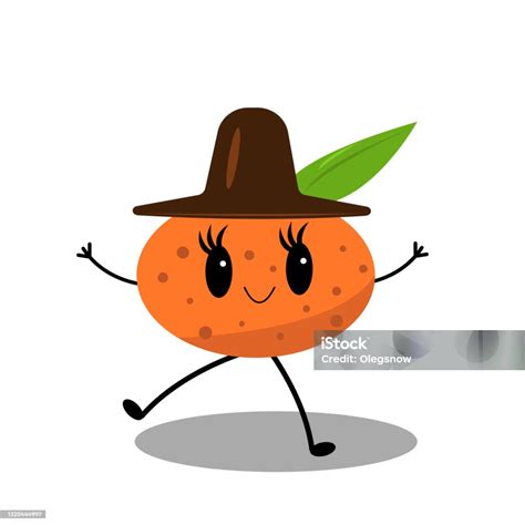 감귤류와 열대 과일의 흰색 배경 개념에 포즈를 취하는 아름다운 속눈썹 귀여운 미소와 갈색 모자를 가진 만화 캐릭터 오렌지 귤 갈색에 대한 스톡 벡터 아트 및 기타 이미지