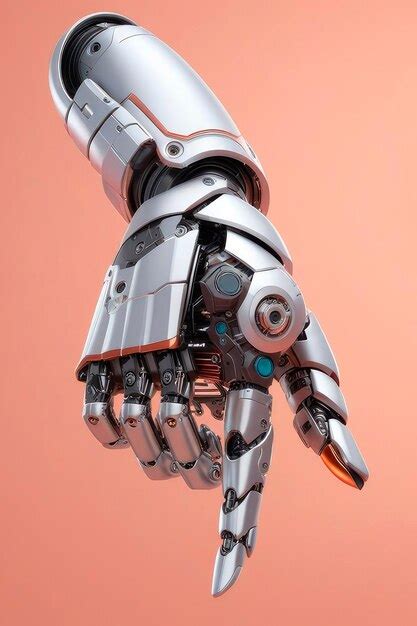 Premium AI Image Cyborg Robotic Hand Pointing Trending Color Concept Of The Year 2024 Peach Fuzz