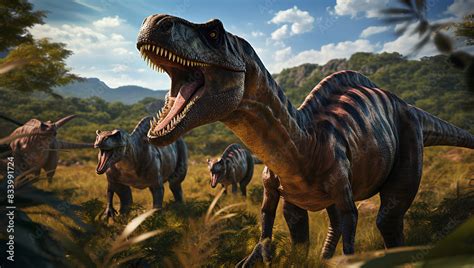 Dinosaurs In The Triassic Period Age In The Green Grass Land And Blue