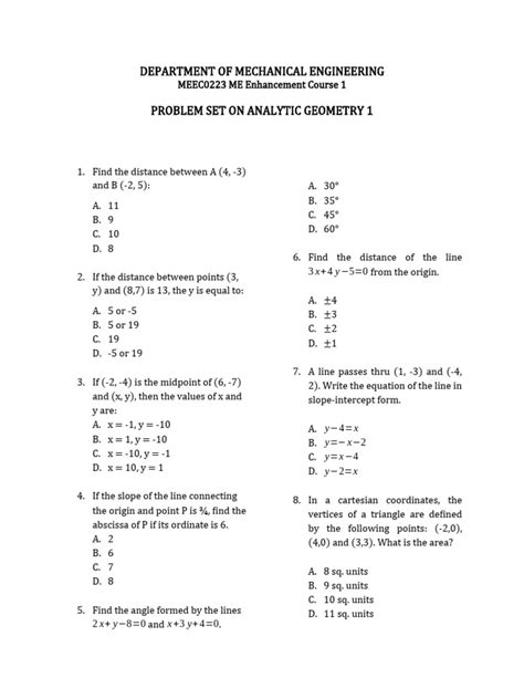 Problem Set On Analytic Geometry Part 1 Pdf