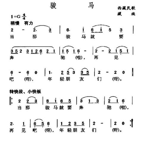 骏马 藏族民歌 歌谱 简谱