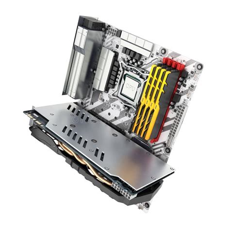 Motherboard Complete With Ram And Video Card In Disassembled Form Isolated On Black Gradient