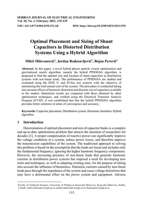 Pdf Optimal Placement And Sizing Of Shunt Capacitors In Distorted