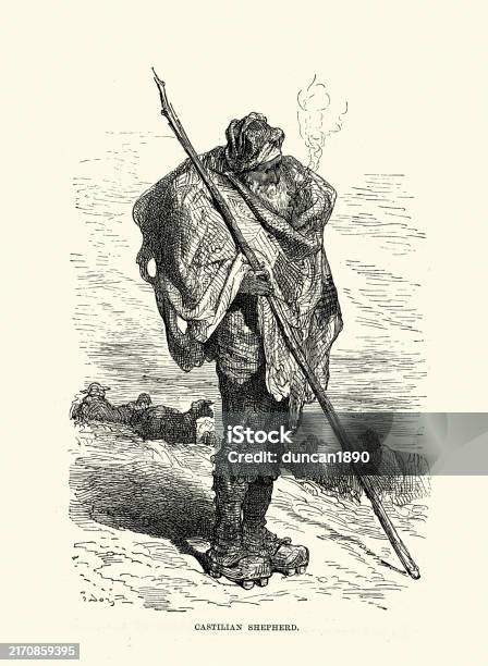 스페인의 역사 양떼와 카스티야 양치기 나막신 지팡이 흡연 망토 구스타브 도레 19 세기 빈티지 일러스트레이션 19세기에 대한 스톡 벡터 아트 및 기타 이미지 Istock