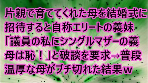 【スカッとする話】 片親で育ててくれた母を結婚式に招待すると自称エリートの義妹「議員の私にシングルマザーの義母は恥！」と破談を要求→普段温厚な