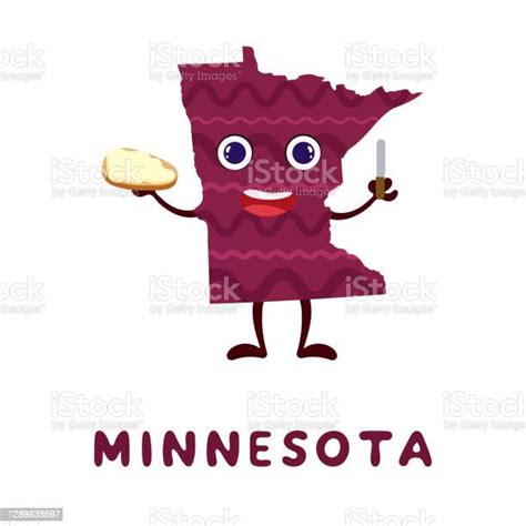 귀여운 만화 미네소타 주 캐릭터 클립 아트 주 이름으로 미국 미네소타 주의 지도 아이 게임 스티커 카드 포스터에 대한 재미있는 캐릭터 디자인 벡터 스톡 일러스트레이션입니다