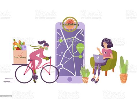 안전한 음식 배달 보호 마스크와 장갑에 택배는 코로나 바이러스 검역 기간 동안 자전거에 음식을 제공합니다 식료품 점과