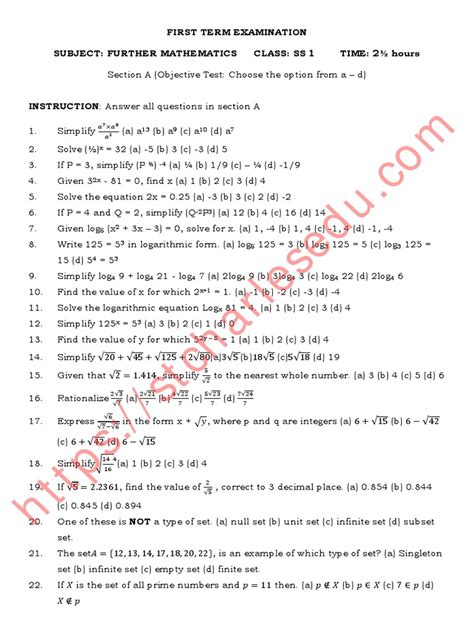 Further Maths Exam Questions For Senior Secondary Schools Pdf