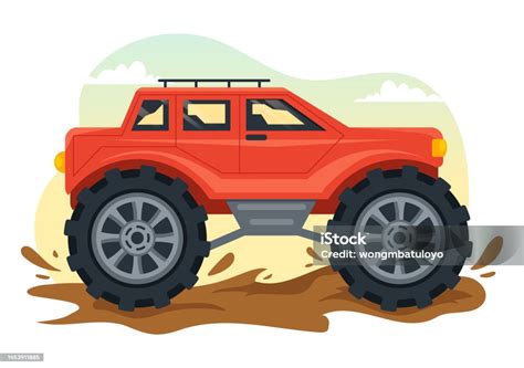 오프로드 자동차 또는 Suv가 평평한 익스트림 스포츠 만화 손으로 그린 템플릿에서 바위가 많은 지형 강 및 모래를 통과하는