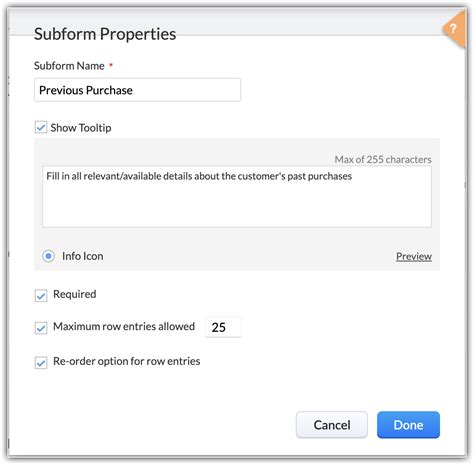subforms online help zoho crm