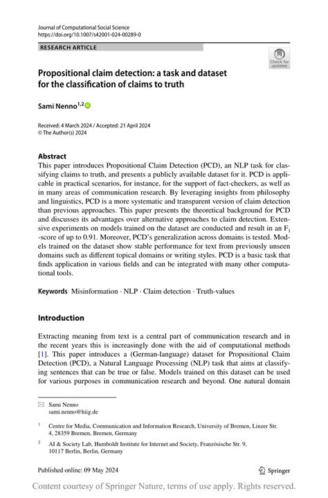 (PDF) Propositional claim detection: a task and dataset for the classification of claims to truth