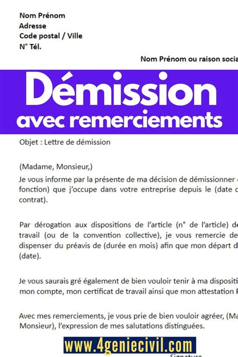 lettre de démission avec remerciement word et pdf Lettre de démission Exemple de lettre de