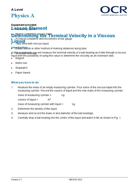 Determining The Terminal Velocity In A Viscous Liquid Activity Pdf