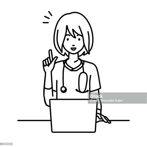 그녀의 책상에서 가리키는 손 제스처와 아이디어를 받고 노트북 컴퓨터를 사용하는 간호사 여자 가리키기에 대한 스톡 벡터 아트 및 기타 이미지 가리키기 간호사 건강관리와