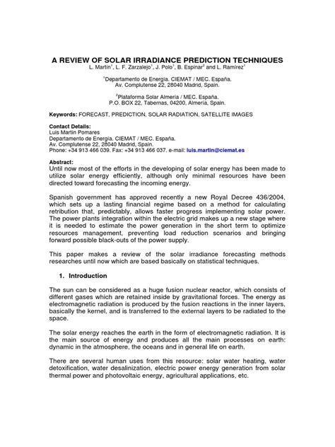 A Review Of Solar Irradiance Prediction Techniques Pdf
