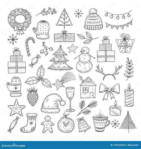 Equipo De Doodle De Navidad Esbozar Flores Abetos Y MuÃecos De Nieve