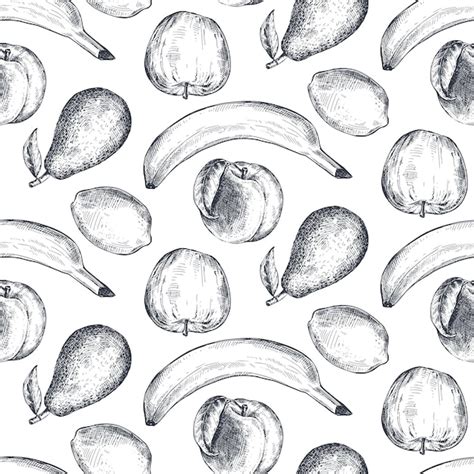 Patrón sin costura vectorial con frutas dibujadas a mano en estilo boceto productos del mercado