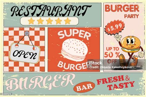 패스트푸드점과 식당 복고풍 간판 컬렉션 버거 포스터와 벡터 디자인 요소 감자 요리에 대한 스톡 벡터 아트 및 기타 이미지 감자 요리 고기 광고 Istock