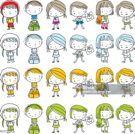 벡터 만화 어린이 소년과 소녀는 국경 배경 프레임 카드를 설정 개체 그룹에 대한 스톡 벡터 아트 및 기타 이미지 개체 그룹 귀여운 디자인 Istock