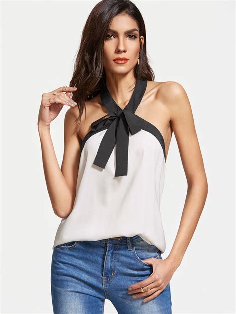 White Contrast Bow Tie Halter Neck Top Womens Halter Tops Tie Halter
