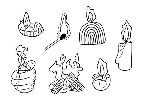 Doodle Hand Drawn Set With Candles And Campfire Black Sketchy Outline