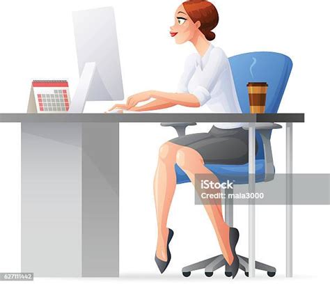 데스크톱 컴퓨터로 사무실에서 일하는 비즈니스 우먼 벡터 그림입니다 기업 비즈니스에 대한 스톡 벡터 아트 및 기타 이미지 기업