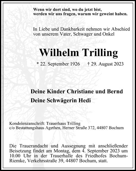 Traueranzeigen Von Wilhelm Trilling Trauer In Nrw De