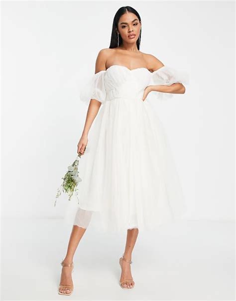 Vestido De Novia Midi Color Marfil Abullonado Con Escote Bardot De Lace