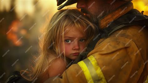 Firefighter Comforting Young Girl During Wildfire Premium Ai Generated Image