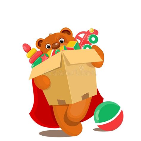 Brown Teddy Bear With Box Full Of Toys Stock Illustration