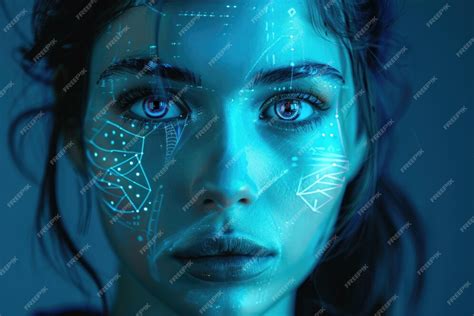 Face Of Woman And Data Of Biometric Identification Person During Work Of Facial Recognition