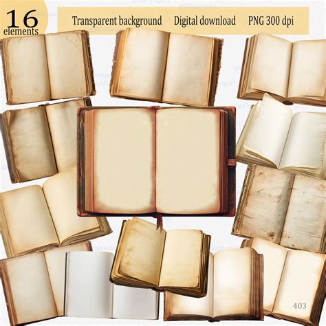 16 Vintage Open Books With Blank Pages Digital Antique Png Images Old