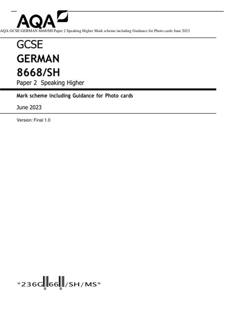 Aqa Gcse German 8668 Sh Paper 2 Speaking Higher Mark Scheme Including Guidance For Photo Cards