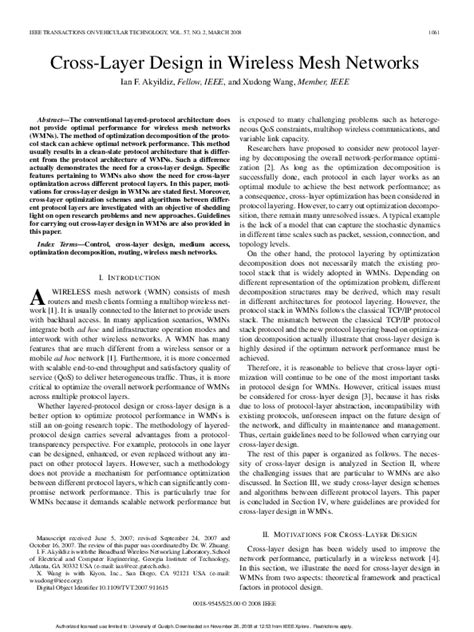 Pdf Cross Layer Design In Wireless Mesh Networks