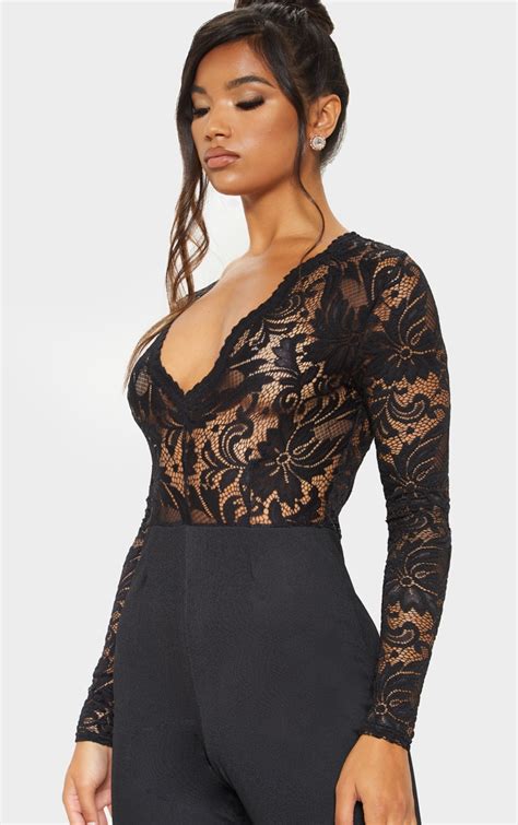 Black Lace Long Sleeve Plunge Jumpsuit Prettylittlething Ca