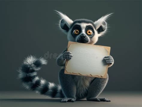 Adorable Ring Tailed Lemur Holding Blank Sign Against Dark Background