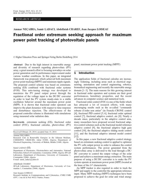Fractional Order Extremum Seeking Approach For Mppt Pdf Photovoltaics Photovoltaic System