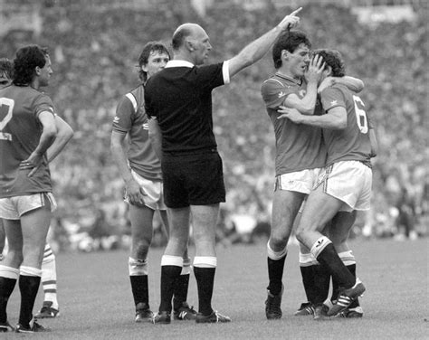 Distraught Manchester United Footballer Kevin Moran Is Consoled By Teammate Frank Stapleton As