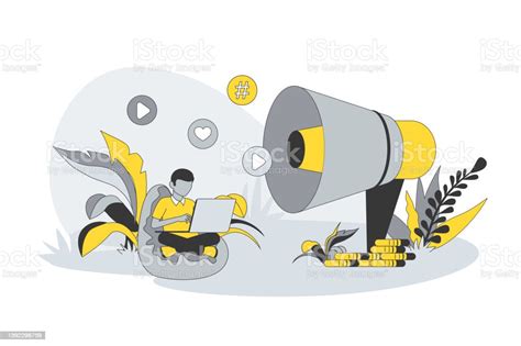 플랫 라인 디자인의 광고 및 홍보 개념 소셜 미디어에서 온라인 광고 방송 및 홍보를 네트워킹하고 보는 사람들 웹용 윤곽선 장면이 있는 벡터 일러스트 레이 션 개념에 대한