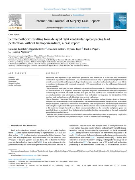Pdf Left Hemothorax Resulting From Delayed Right Ventricular Apical Pacing Lead Perforation