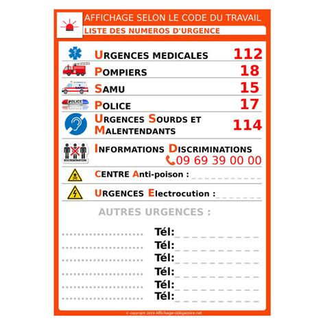 Affichage obligatoire numéros d urgence