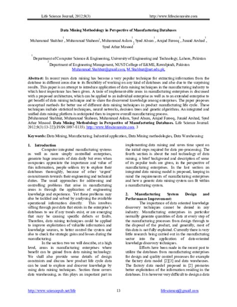 Pdf Data Mining Methodology In Perspective Of Manufacturing Databases