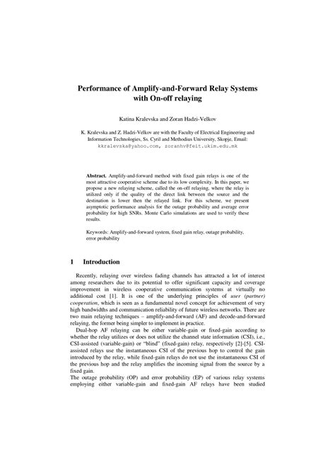 Pdf Performance Of Amplify And Forward Relay Systems With On Off Relaying