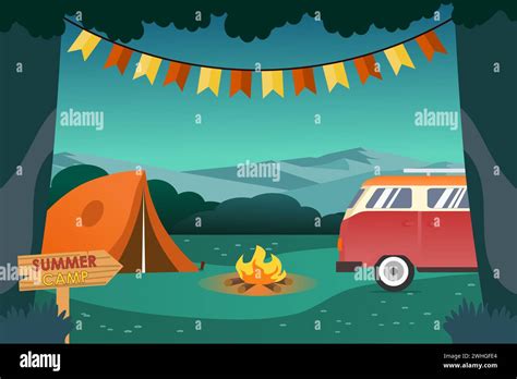 Summer Camp At Night With Tent Campfire And Camper Van Vector